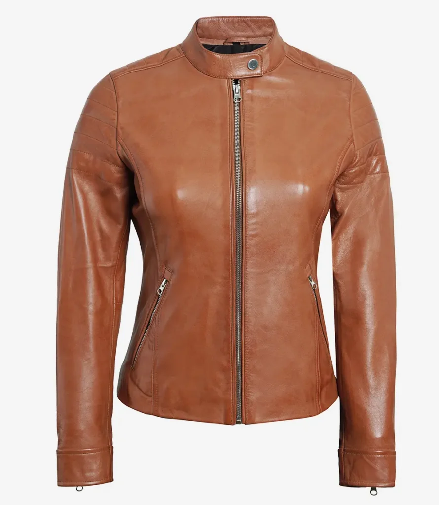 Womens Cafe Racer Tan Leather Jacket - Prime Leather UK
